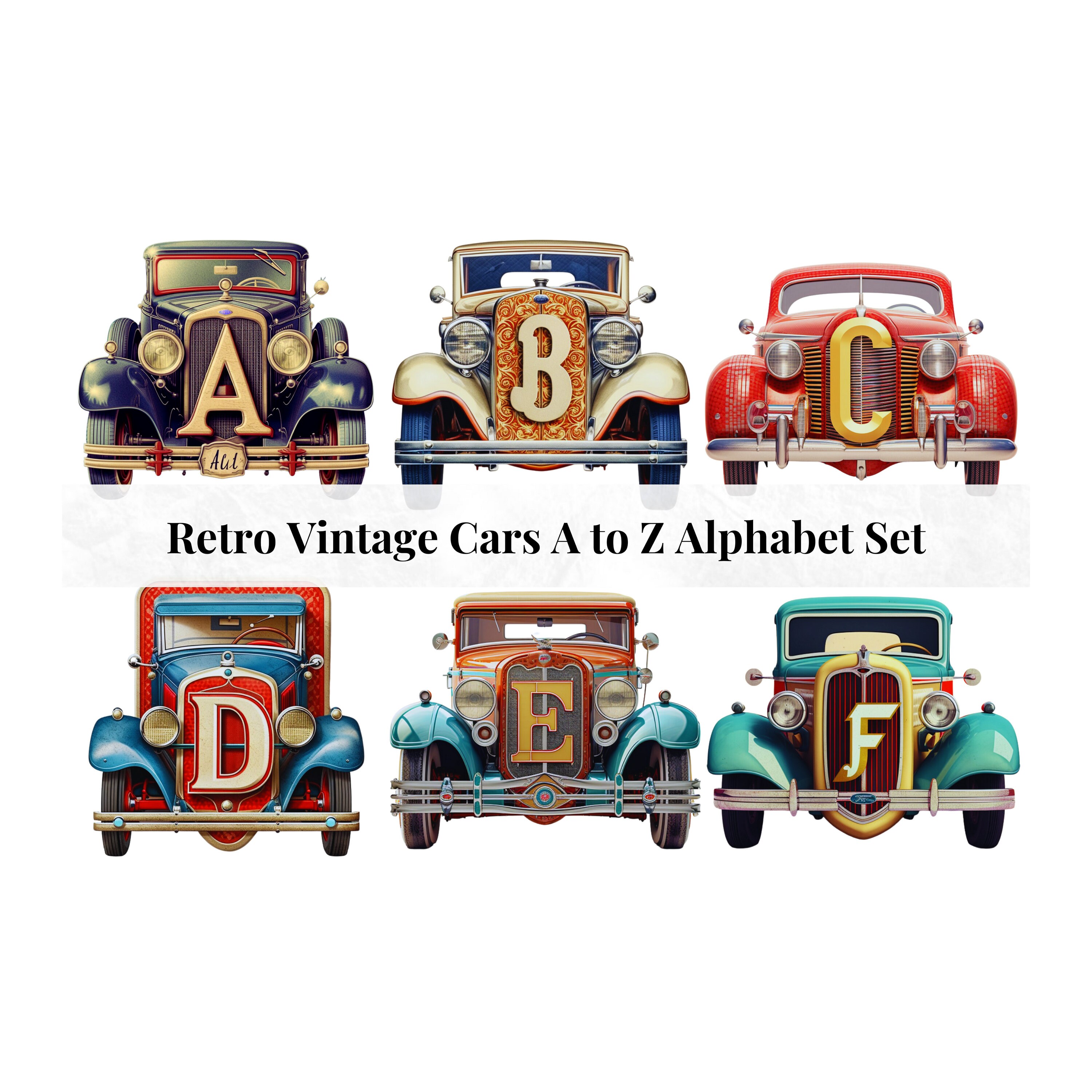 Vintage Car Clipart Alphabet Letters PNG Files for Retro Vehicle ...