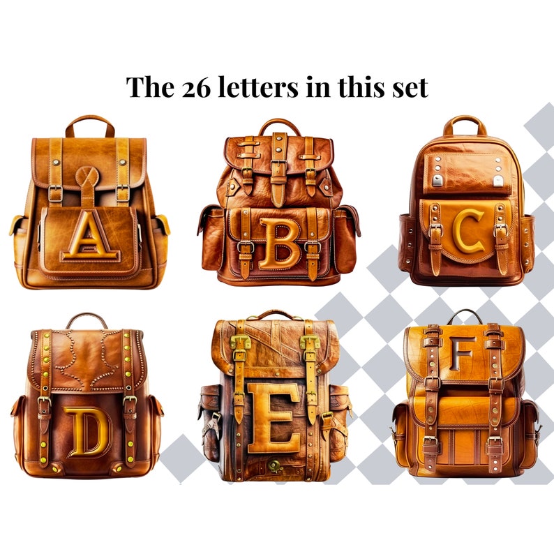 Leather Backpack Alphabet Clipart: Vintage PNG Letters (digital ...