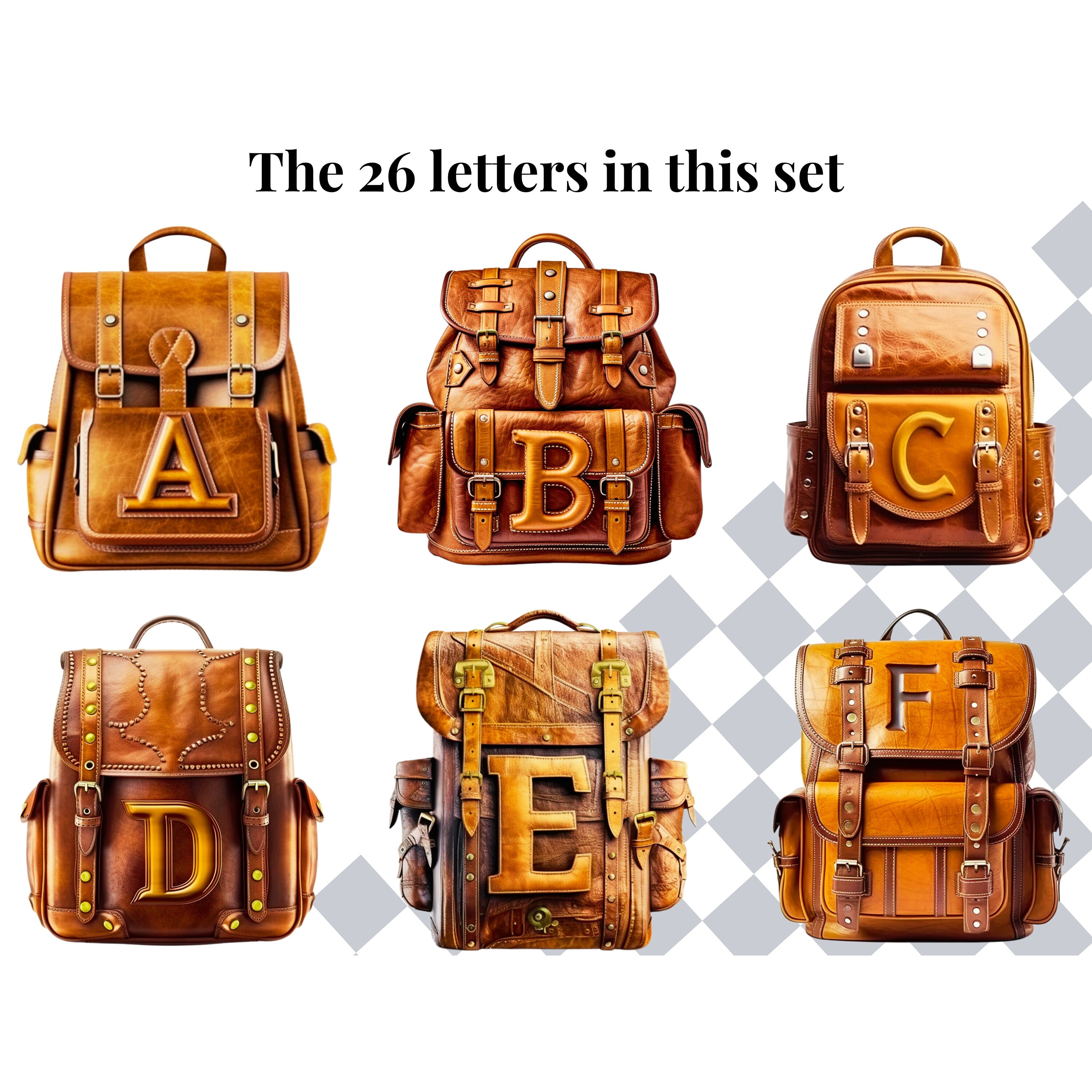 Leather Backpack Alphabet Clipart: Vintage PNG Letters (digital ...
