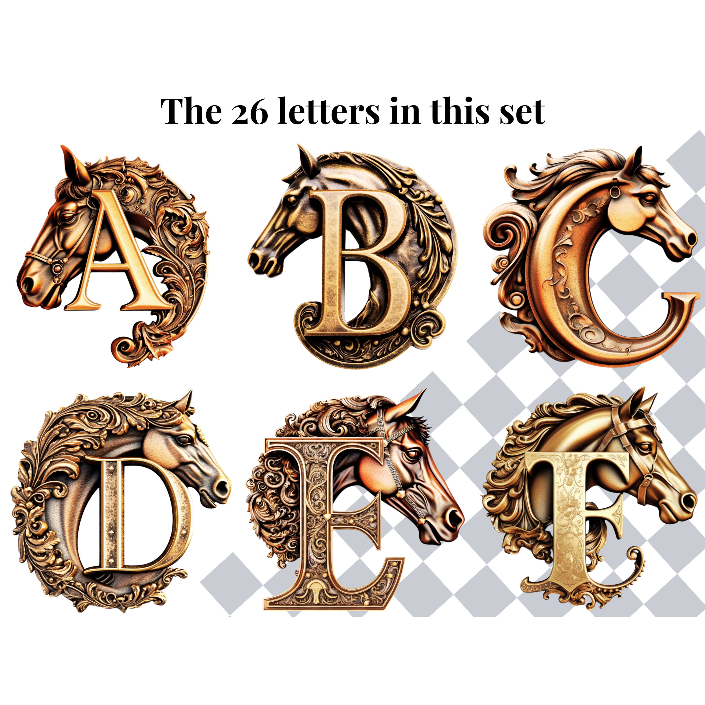Horse Clipart Alphabet: Bronze Western Letters PNG (digital Download ...