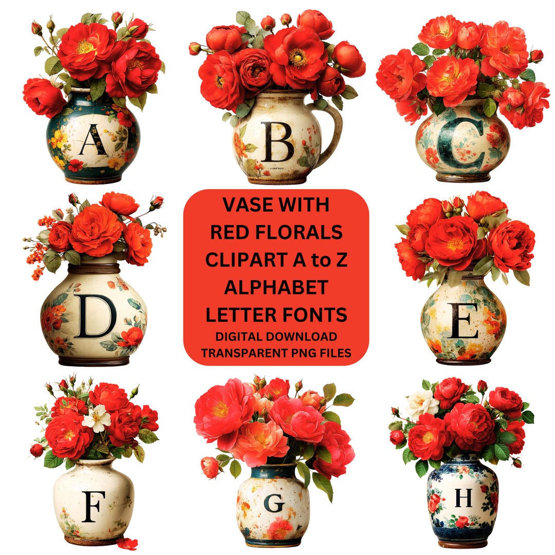 Red Floral Vase Clipart Alphabet: PNG Letters for Scrapbooking (digital ...