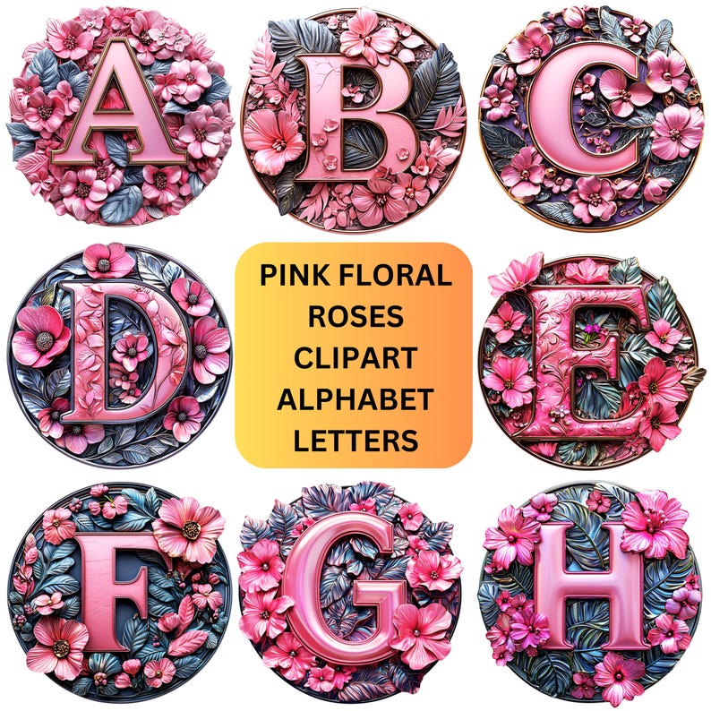 Pink Floral Alphabet Clipart: Rose Letters, PNG Fonts (digital Download ...