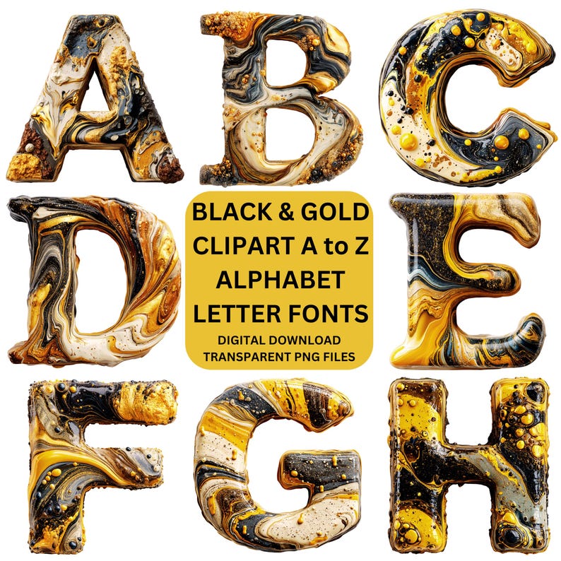 Black and Gold Alphabet Clipart: Elegant Letter PNG Bundle (A-Z ...