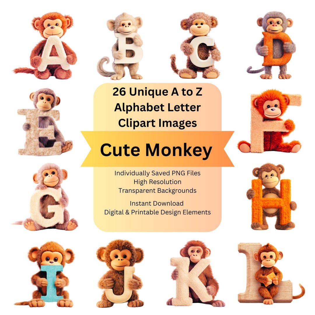 Monkey Clipart Alphabet Letters PNG for Commercial Use Font Bundle ...