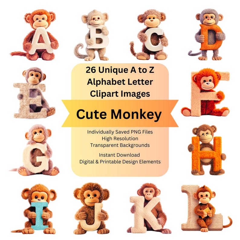 Monkey Clipart Alphabet Letters PNG for Commercial Use Font Bundle ...