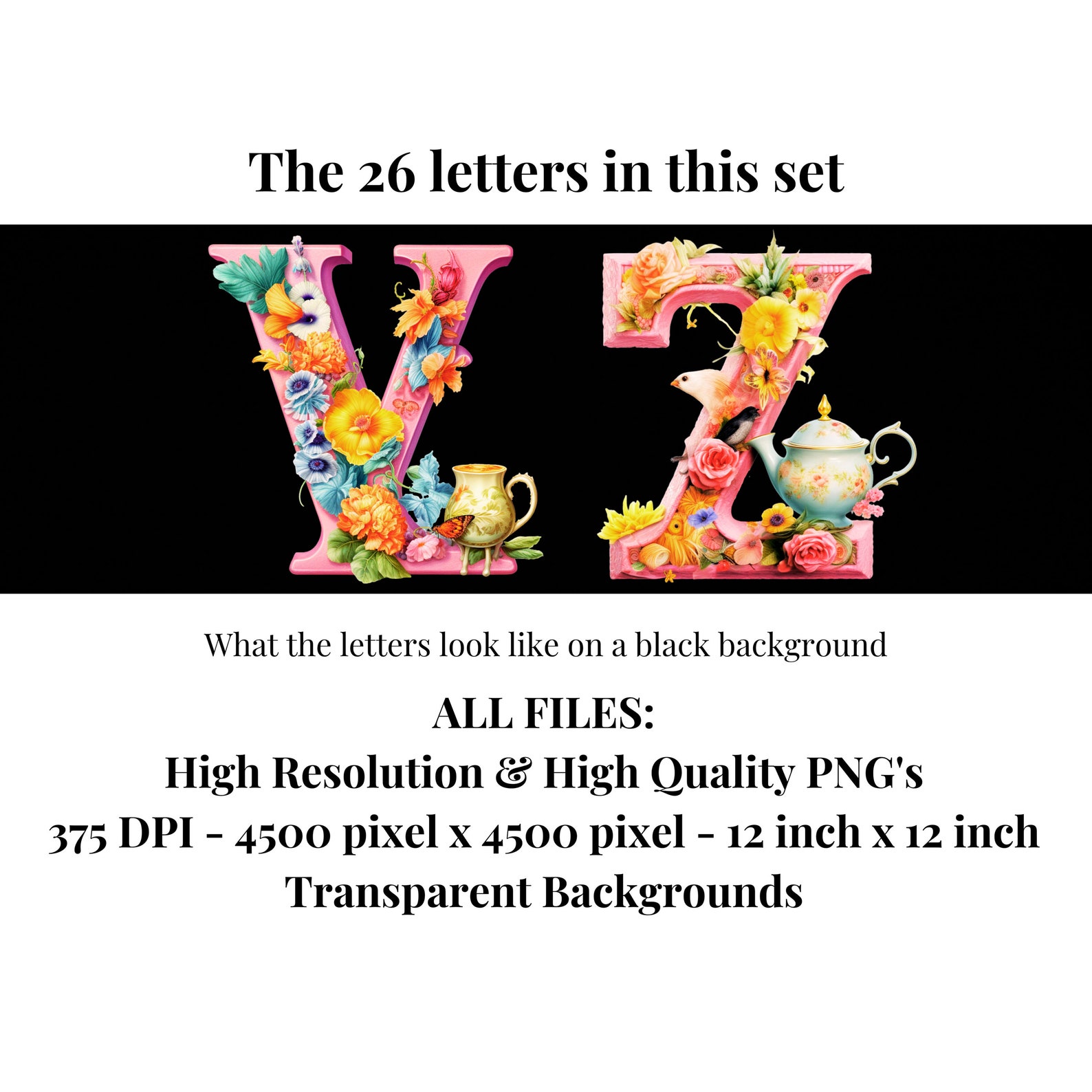 Floral Alphabet Tea Party Letters PNG for Pastel Clipart Vintage ...