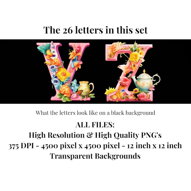 Floral Alphabet Tea Party Letters PNG for Pastel Clipart Vintage ...