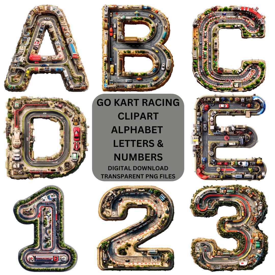 Go Kart Racing Alphabet Clipart: Track Letters & Numbers (PNG Digital ...