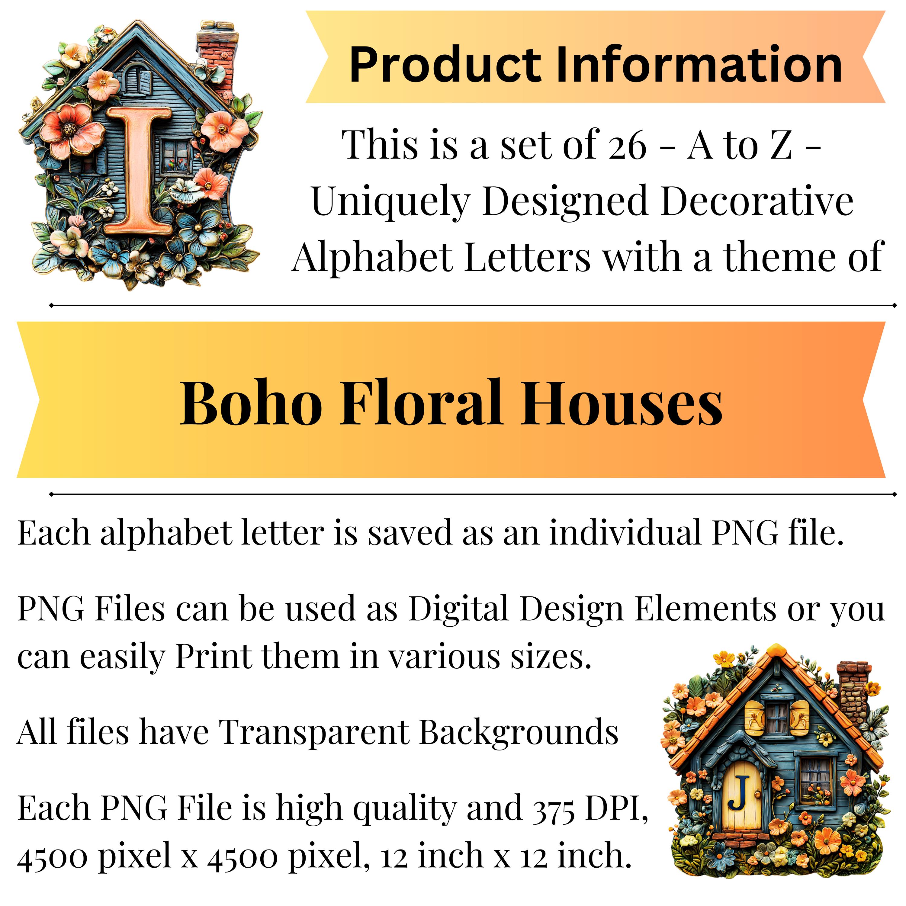 Boho Floral House Clipart Alphabet: A-Z PNG Letters (digital Download ...