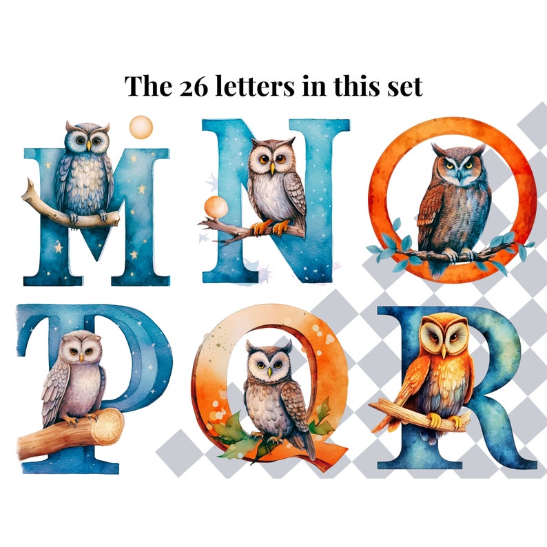 Owl Clipart Alphabet Letters | Bird PNG Fonts | Watercolour Typography ...