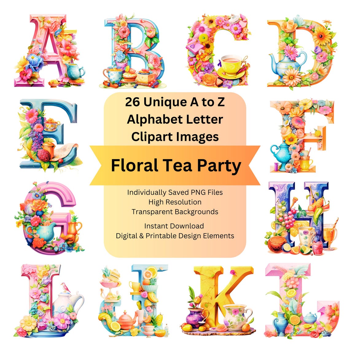 Floral Tea Party Alphabet Letters PNG: Vintage Clipart (digital ...