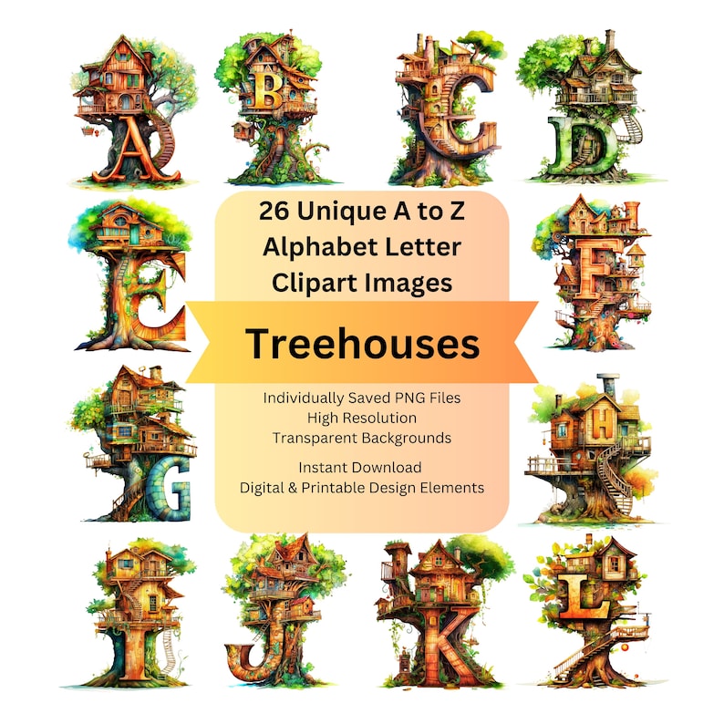Treehouse Clipart Watercolor Letters PNG, Font for Cricut Designs ...