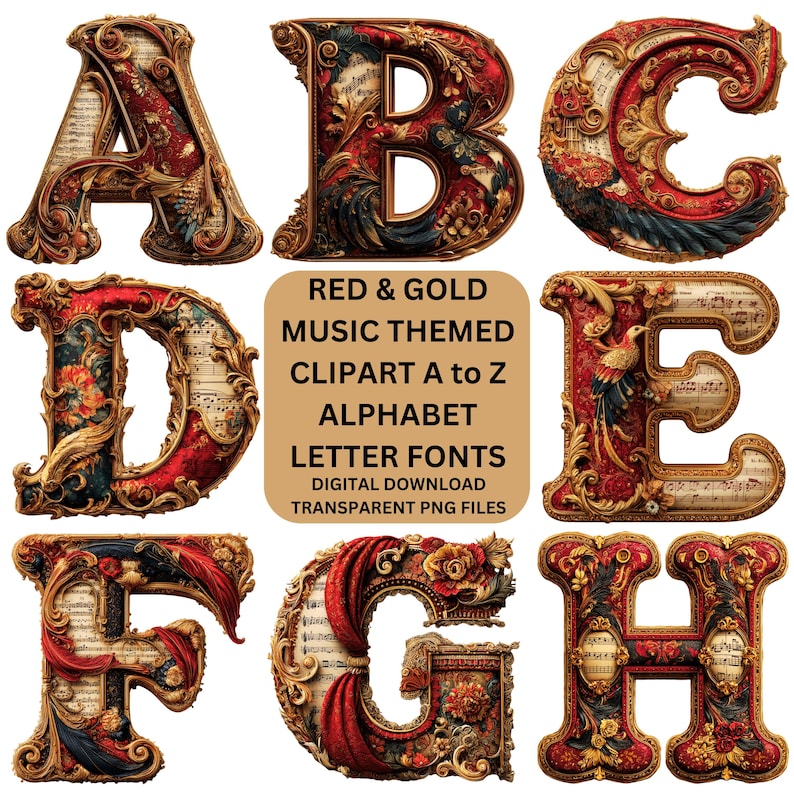 Red and Gold Music Alphabet PNG: Ornate Clipart Letters (Digital ...