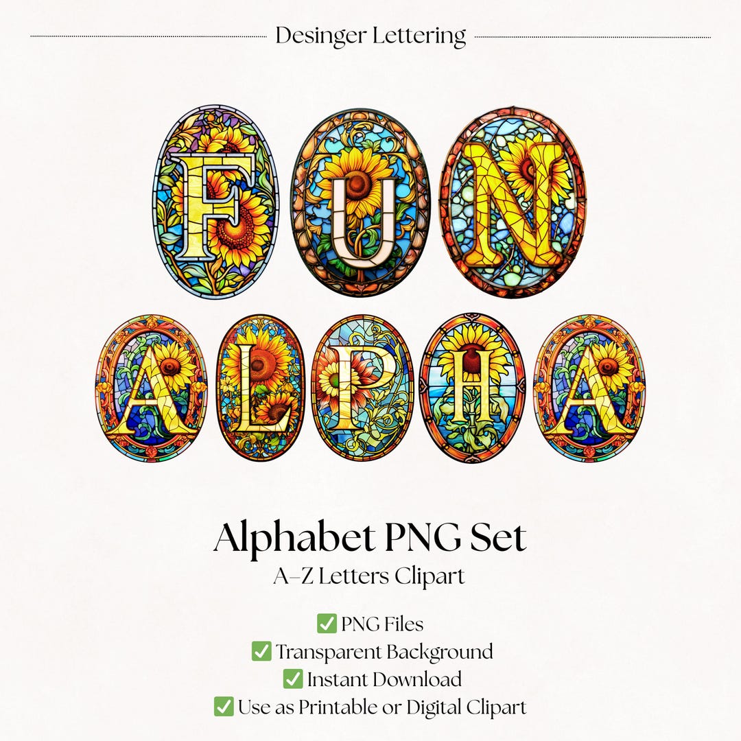 Sunflower Alphabet Letters and Numbers | Stained Glass Clipart Fonts ...