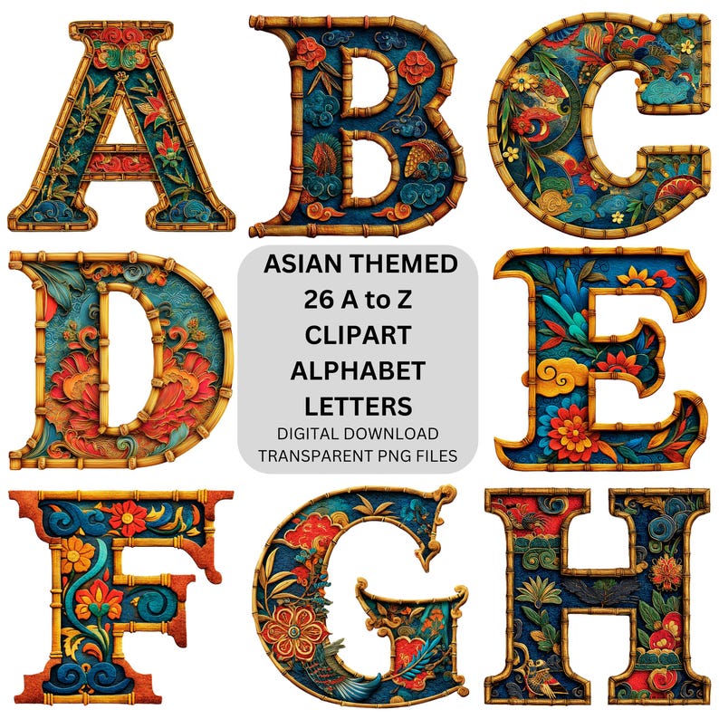 Asian Clipart Alphabet: Oriental Letters, Bamboo Design (PNG Digital ...