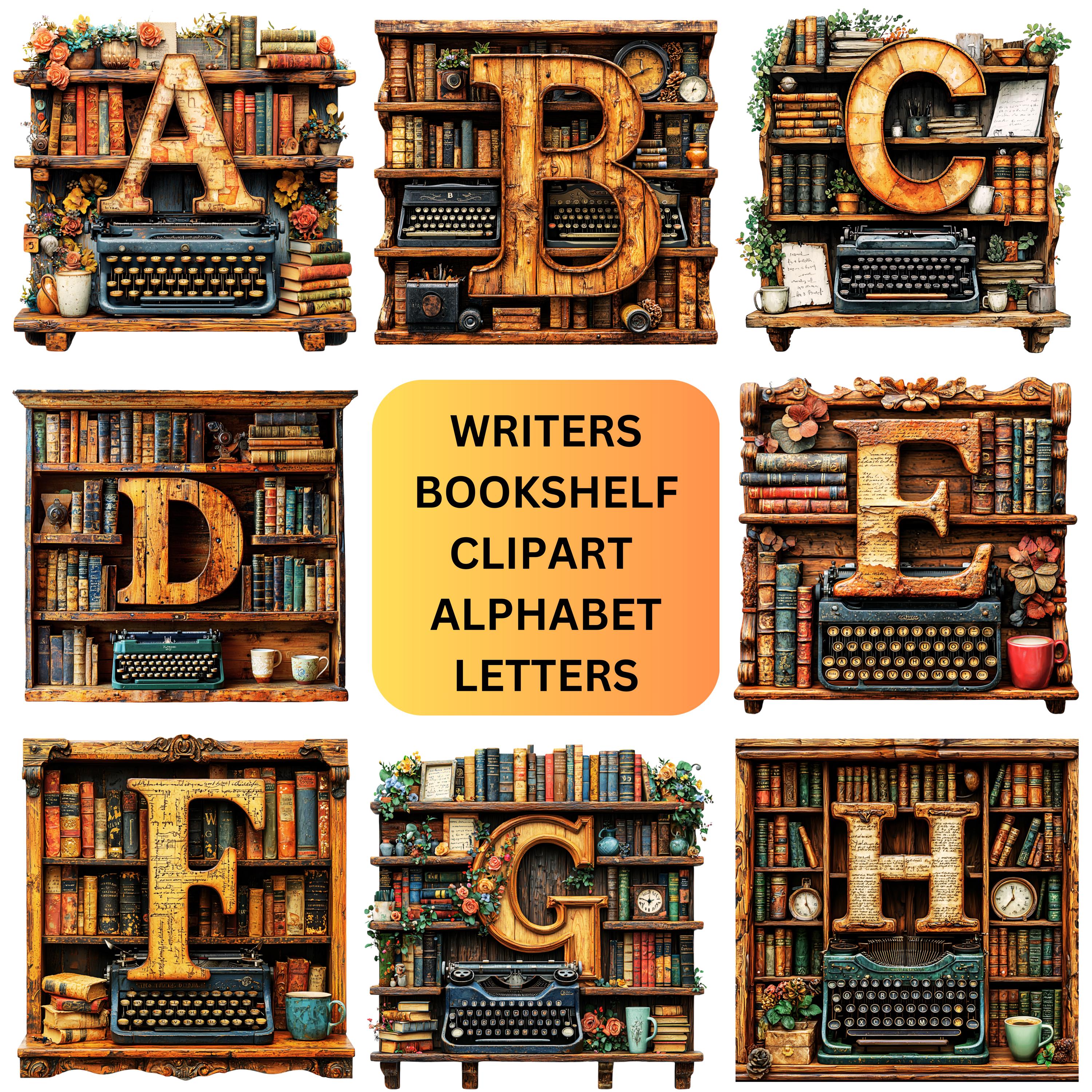 Book Clipart Alphabet Letters | Rustic Bookshelf PNG Images | Library ...
