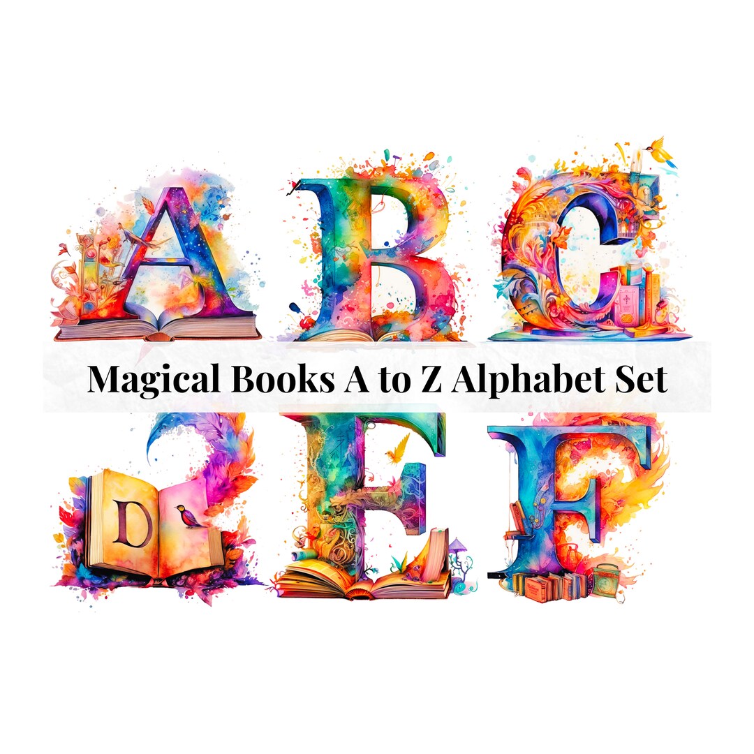 Library Book Clipart Alphabet Letters PNG Files for Watercolor Digital ...