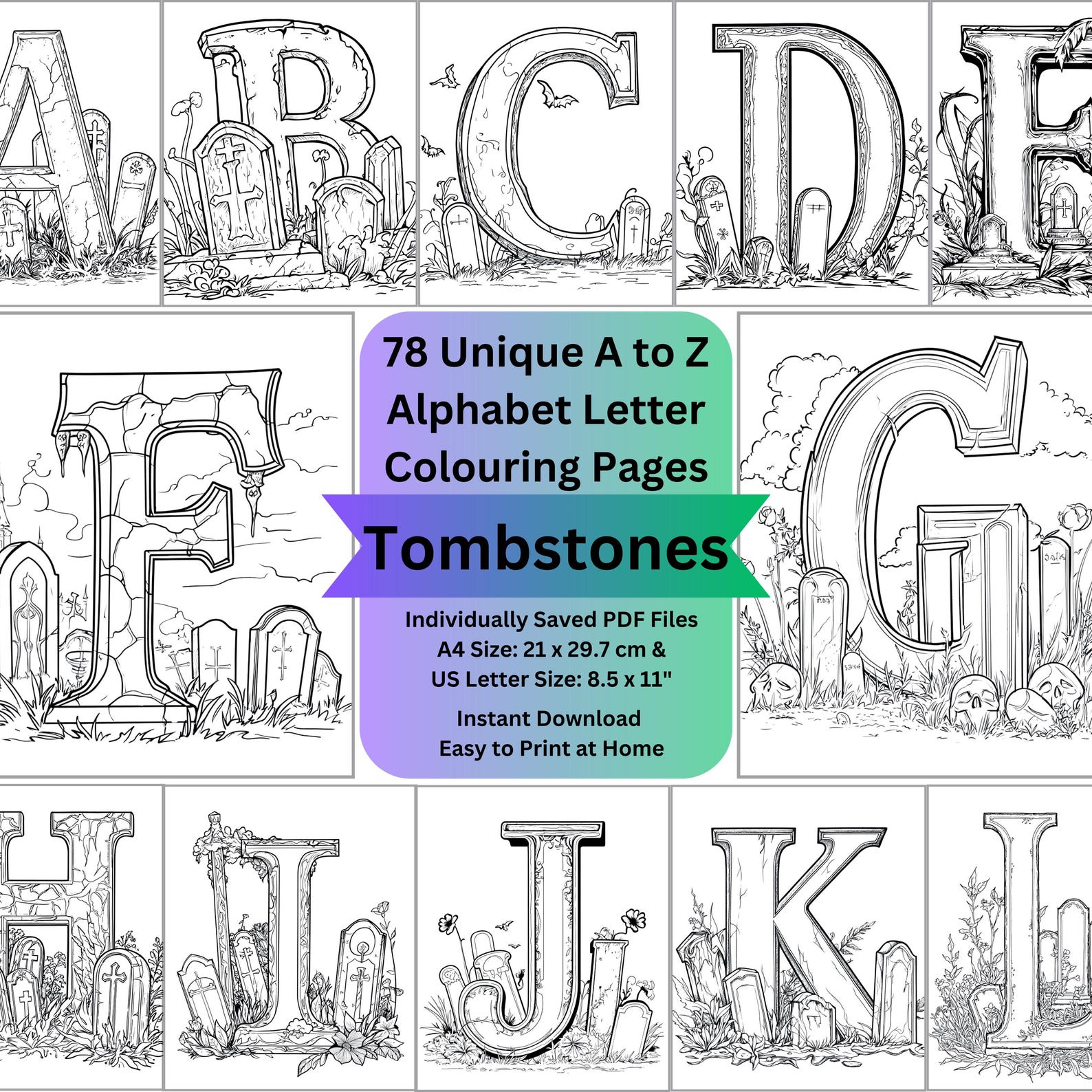 Gothic Tombstone Alphabet Coloring Pages: Halloween DIY (PDF File) - Etsy