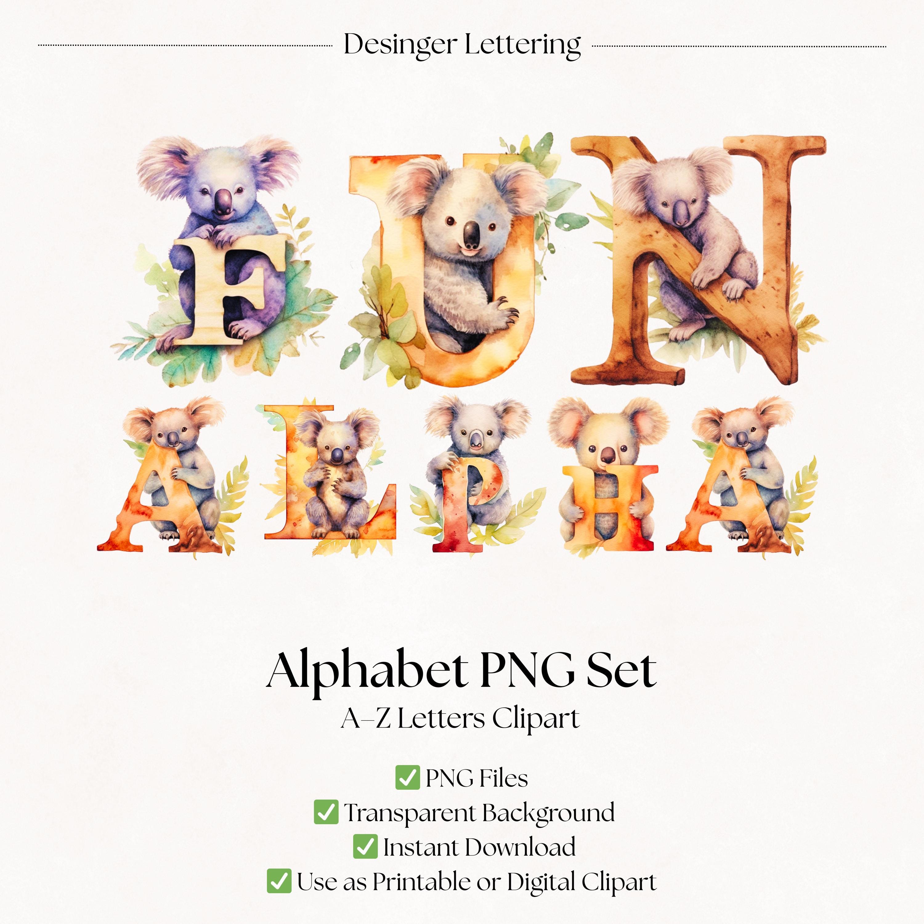 Koala Clipart Alphabet Letters | PNG Watercolor Fonts | Animal Themed ...