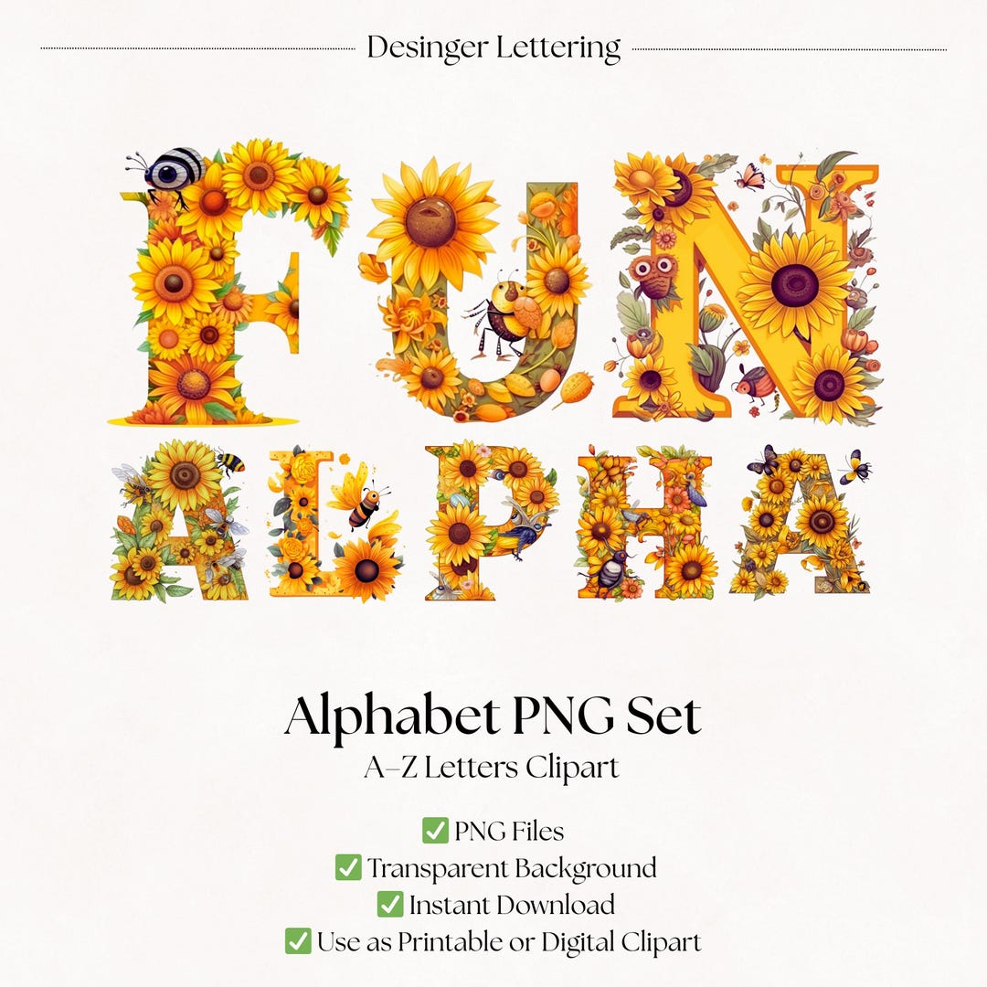 Sunflower and Bee Clipart Alphabet Letters | Fun Floral Fonts | PNG ...