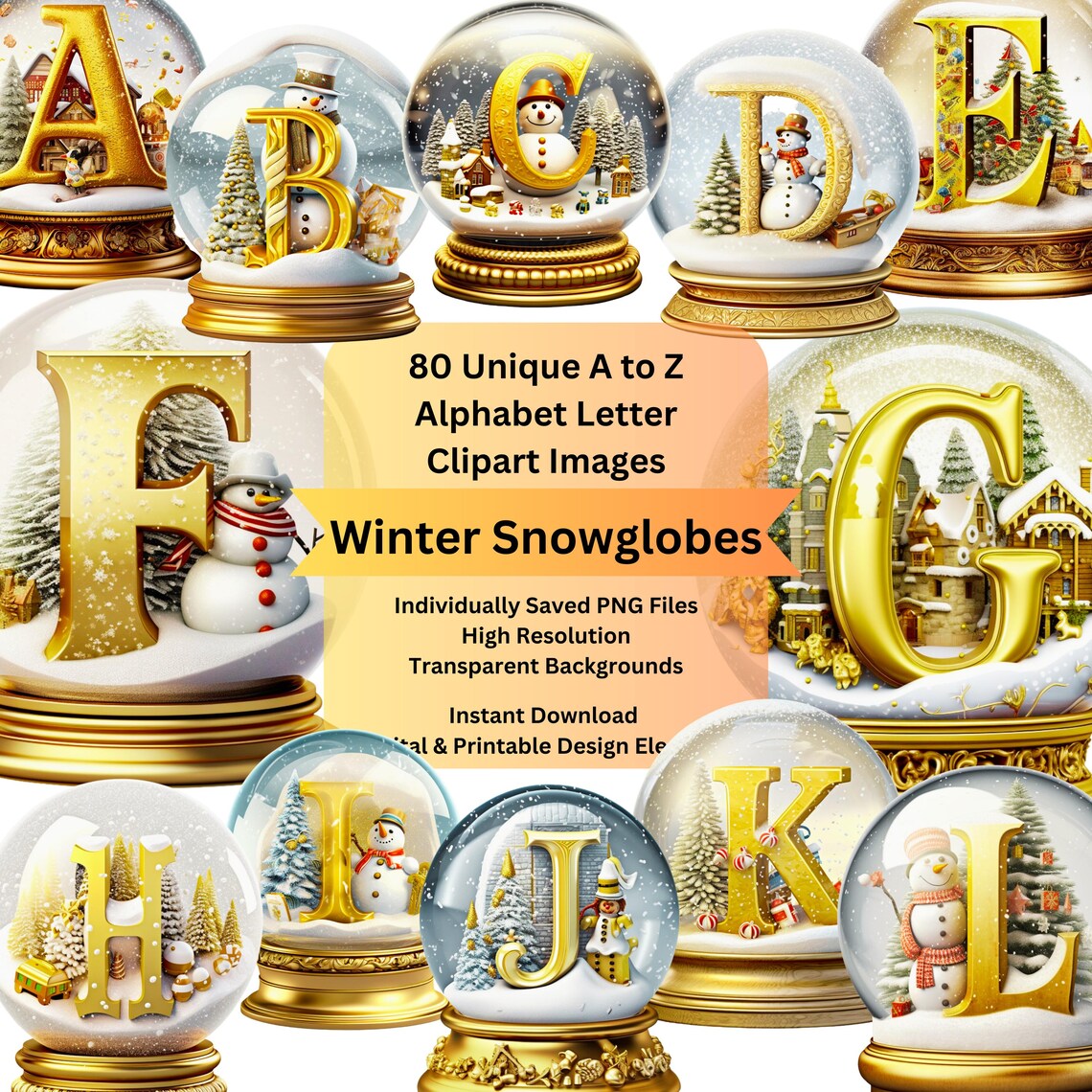 Snow Globe Alphabet Clipart: Christmas PNG Letters (digital Download ...