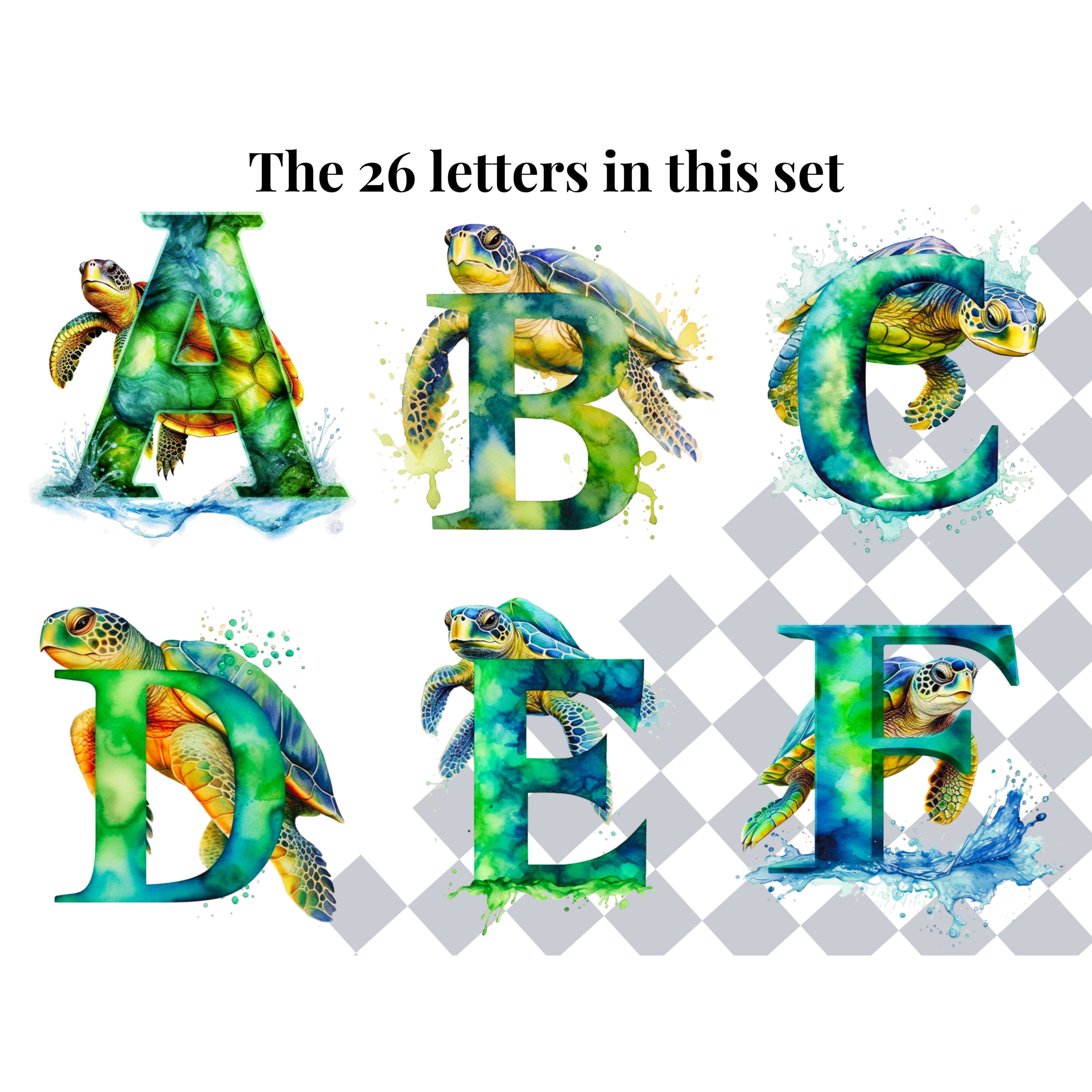 Sea Turtle PNG Watercolor Animals Alphabet Clipart for Under the Sea ...