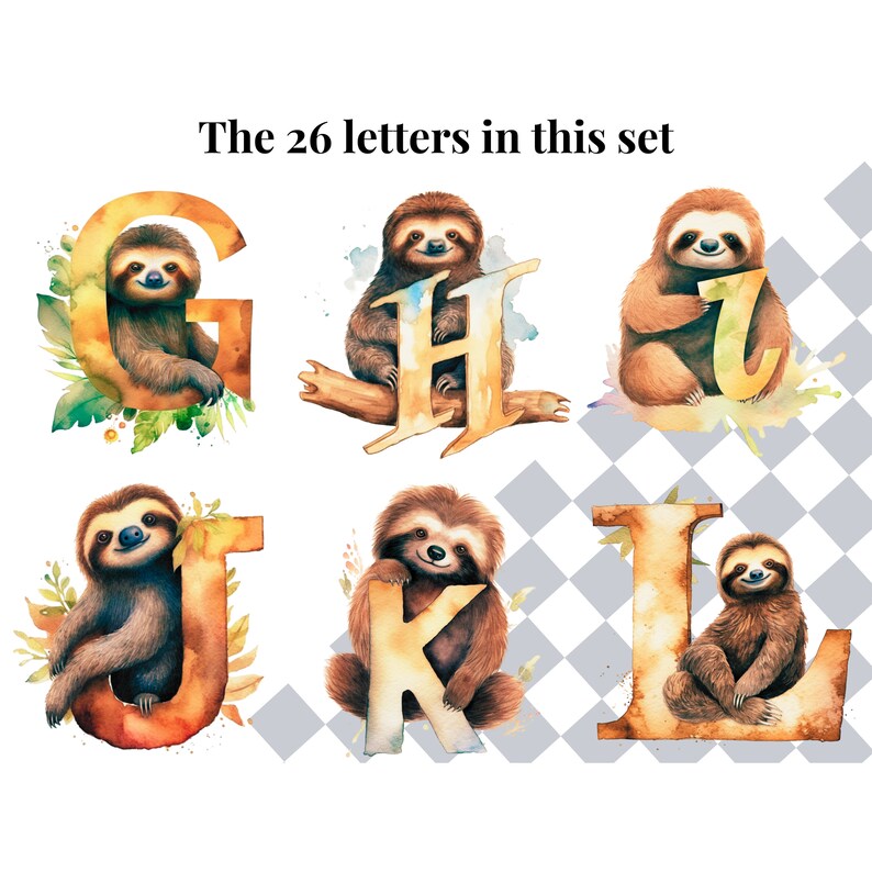 Sloth Clipart Animal Alphabet Watercolor Letters PNG for Cute Fonts ...