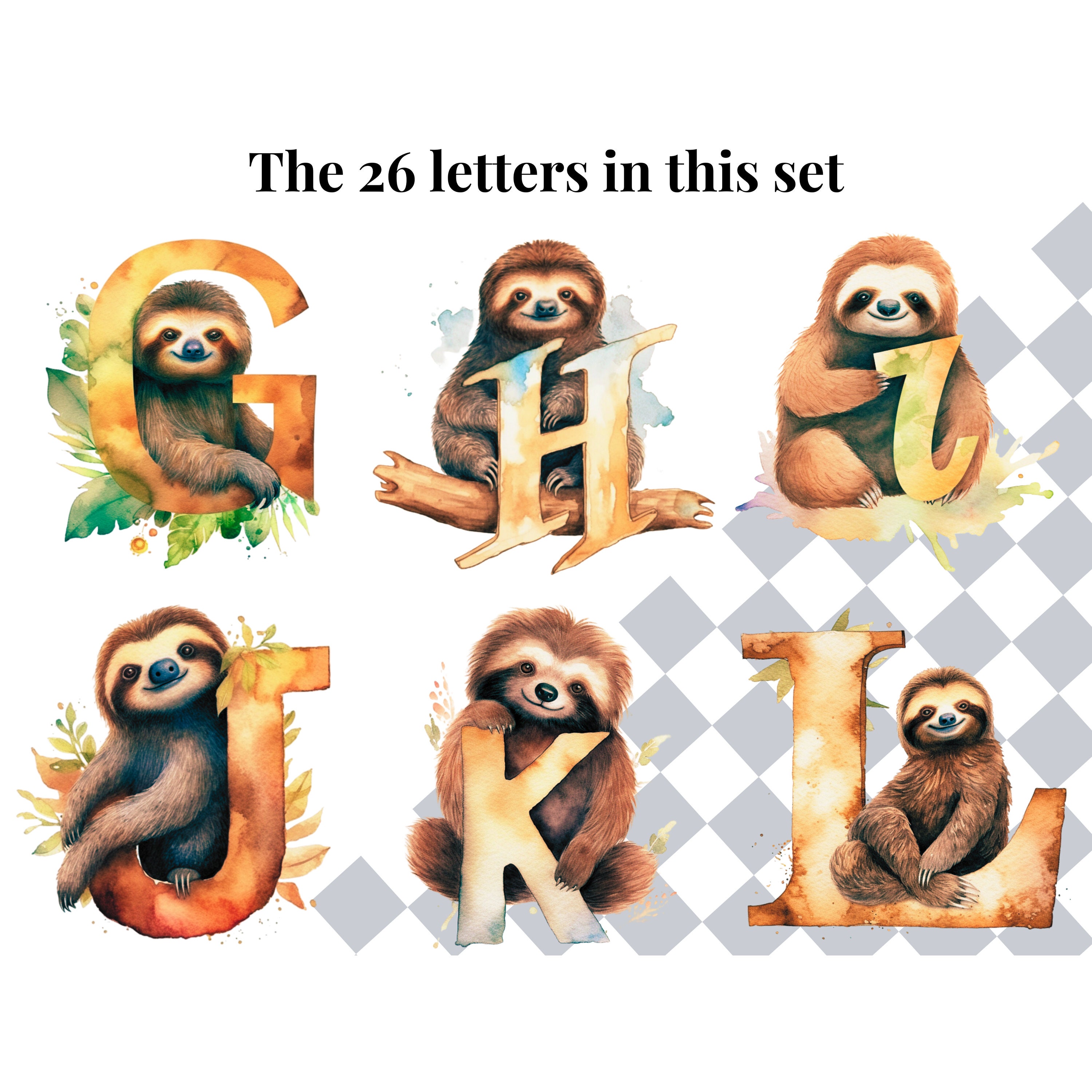 Sloth Clipart Animal Alphabet Watercolor Letters PNG for Cute Fonts ...