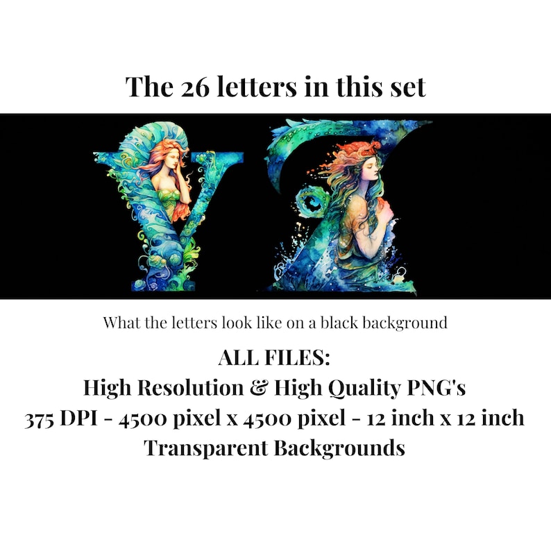Watercolor Mermaid Clipart Alphabet Letters | PNG Fantasy Fonts ...