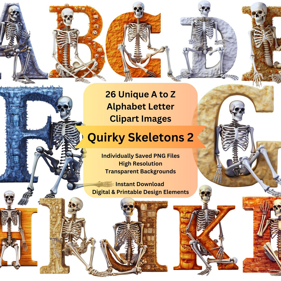 Skeleton PNG Alphabet Letters for Halloween Clipart Commercial Use ...