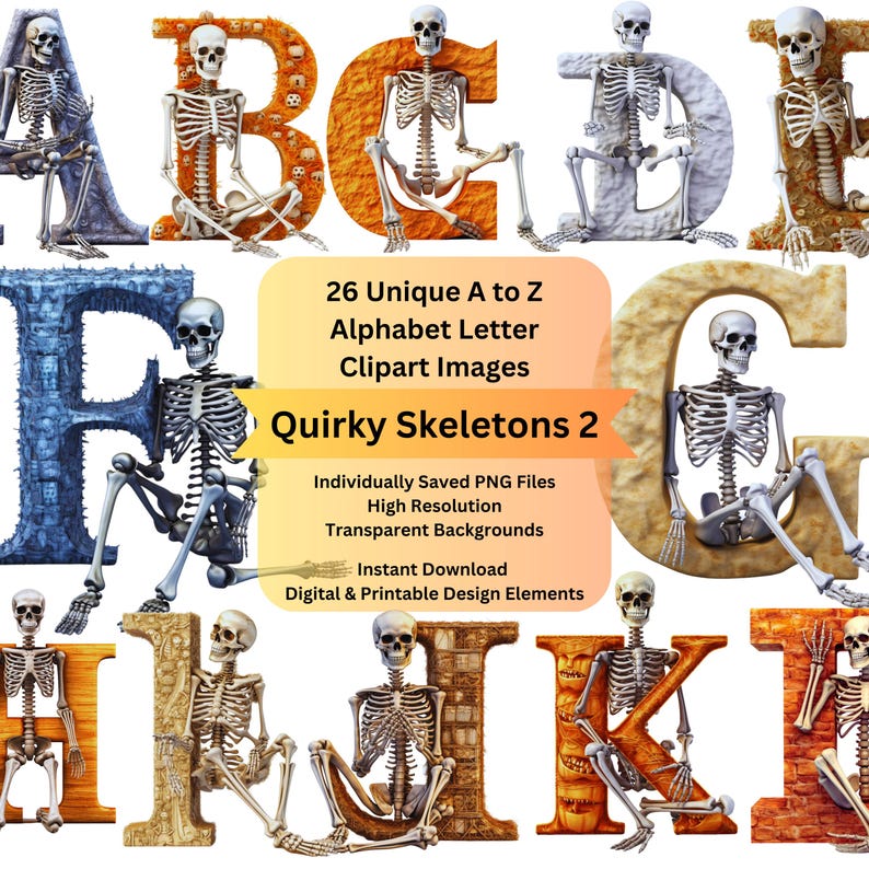 Skeleton Alphabet PNG: Halloween Clipart, Commercial Use (digital ...