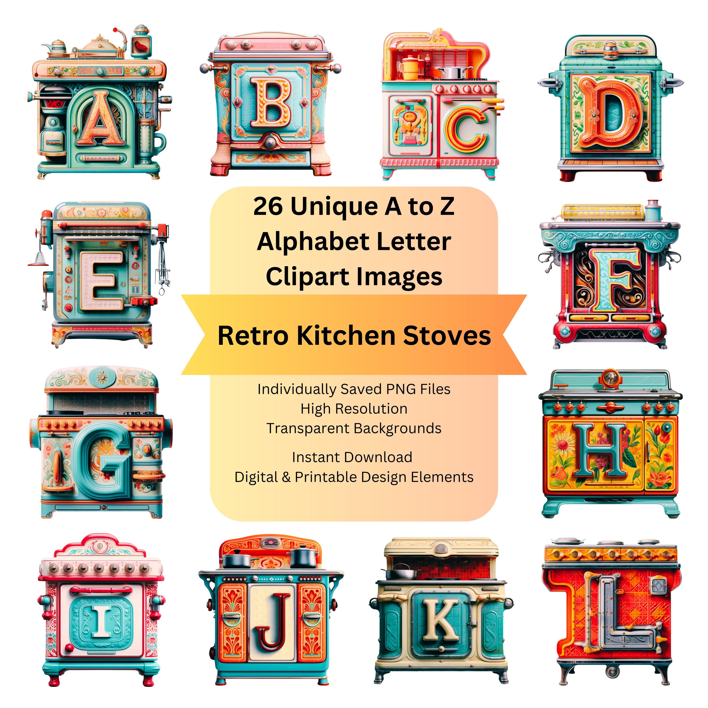 Retro Kitchen Clipart Alphabet: Vintage Stove Letters (PNG Digital ...