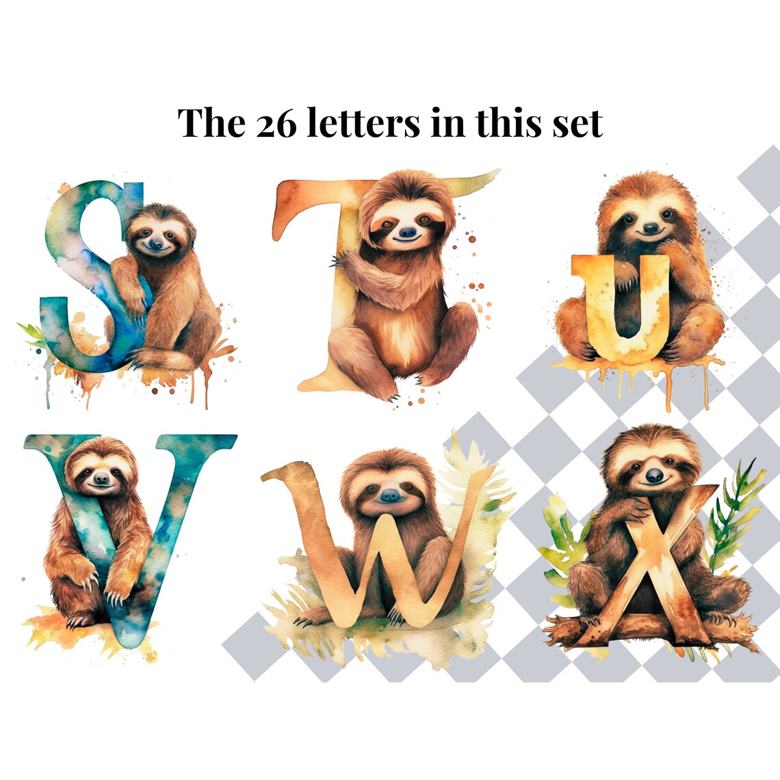 Sloth Clipart Animal Alphabet Watercolor Letters PNG for Cute Fonts ...
