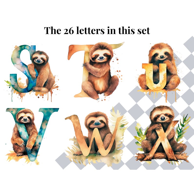 Sloth Clipart Animal Alphabet Watercolor Letters PNG for Cute Fonts ...