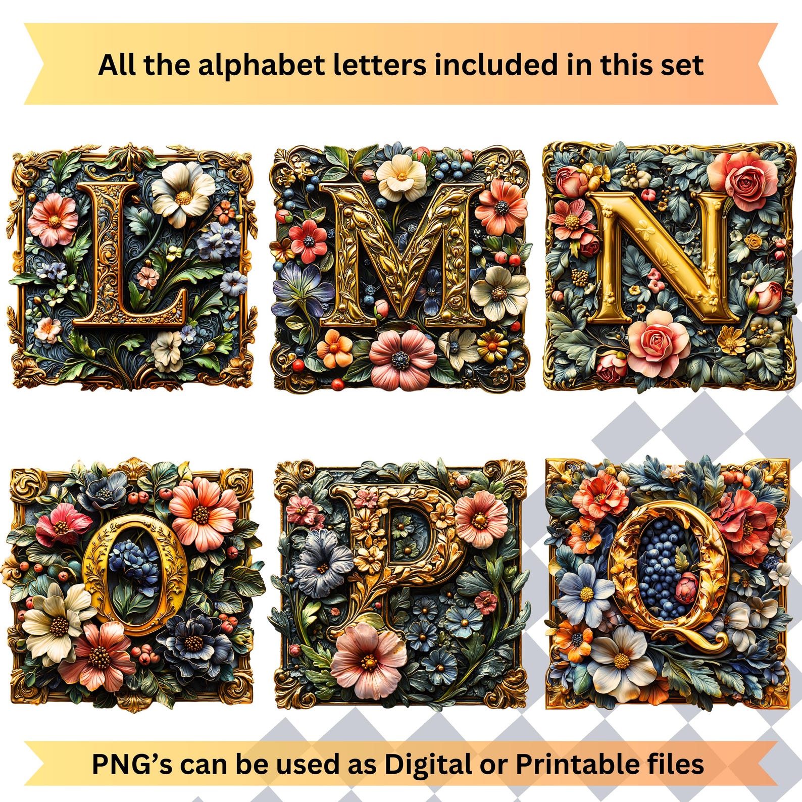 Floral Alphabet Clipart: Gold Flower Letters, Vintage Scrapbook ...