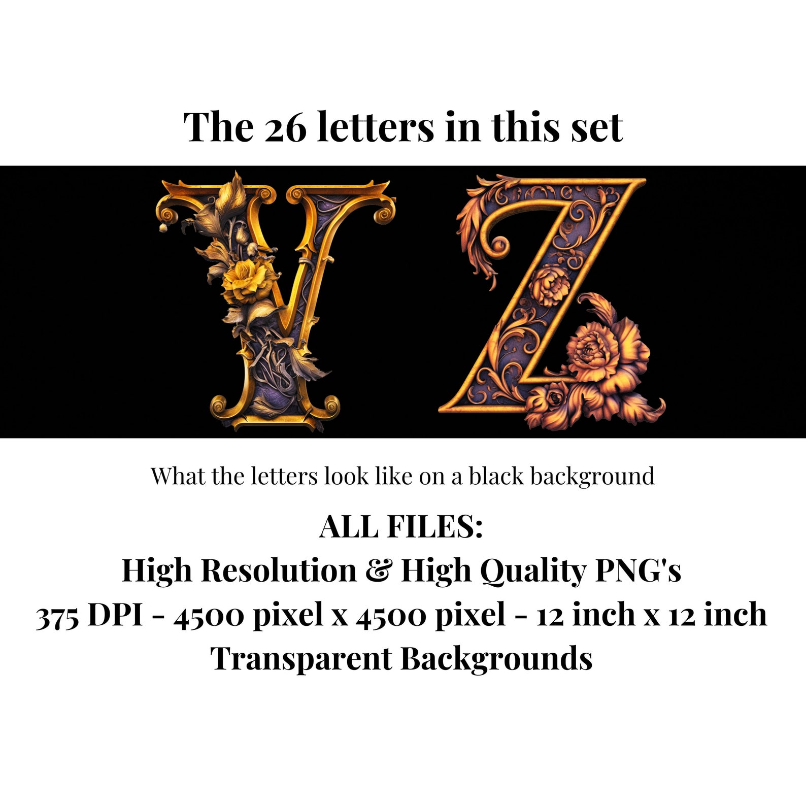 Gothic Gold Floral Alphabet Clipart: Rose Letters (PNG Digital Download ...