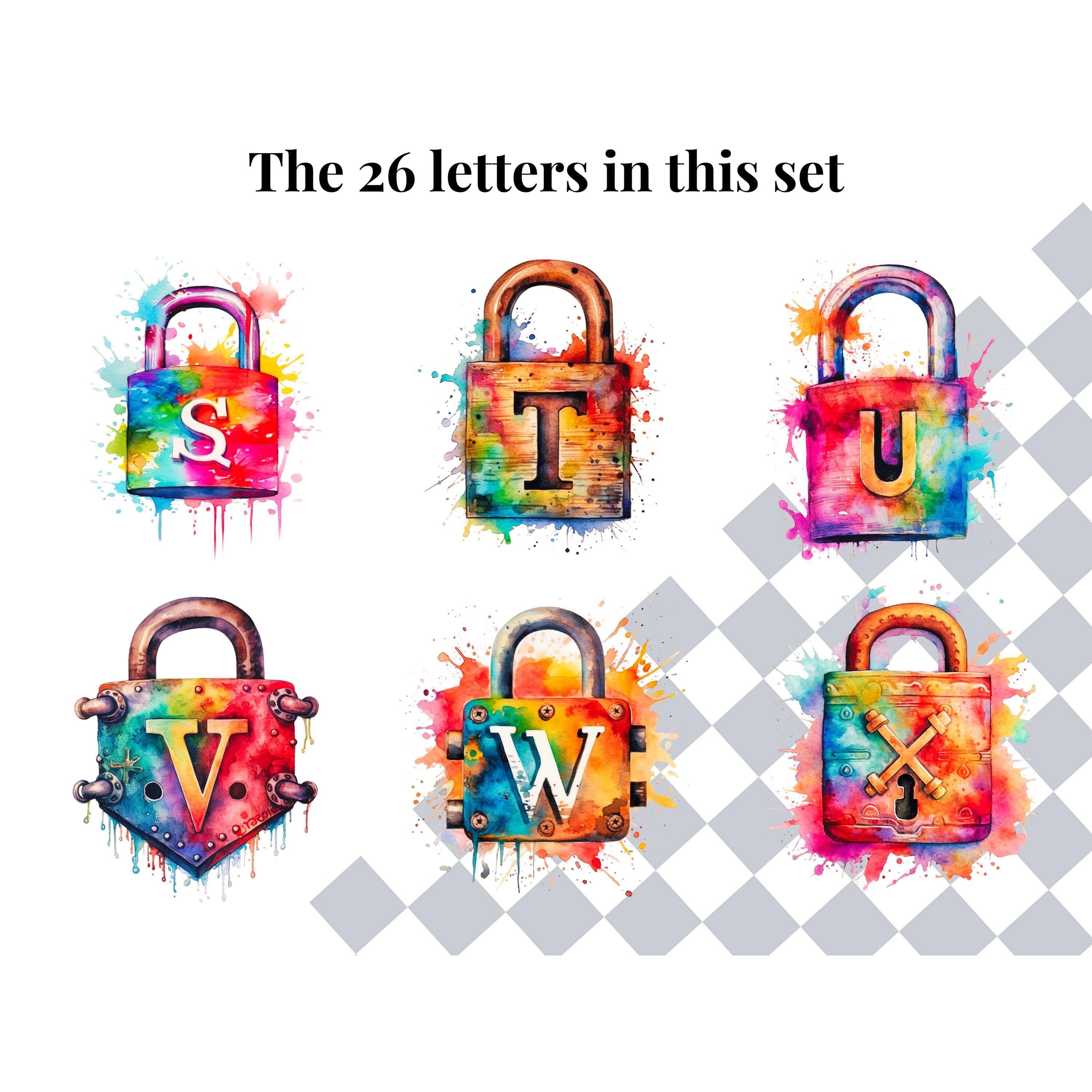 Padlock Clipart Alphabet Letters PNG Files for Watercolor Digital ...