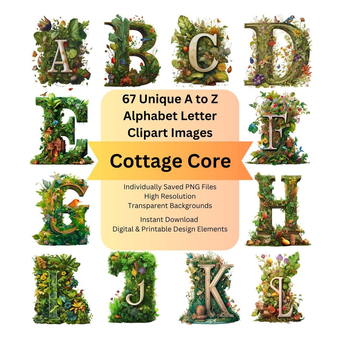 Cottage Core Clipart Alphabet Letters PNG Files for Digital Download ...