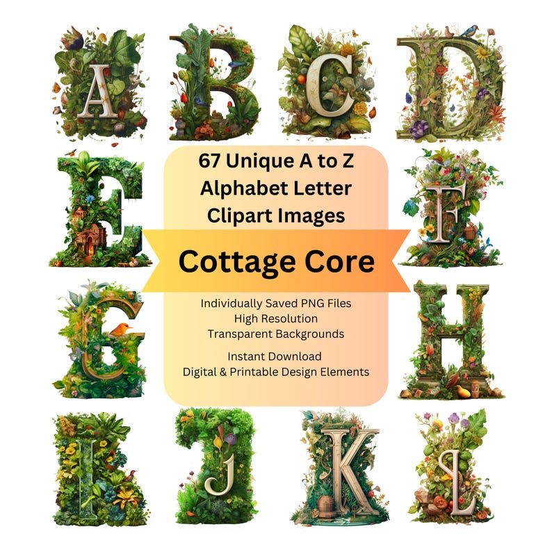 Cottage Core Alphabet Clipart: Botanical PNG Letters (digital Download ...