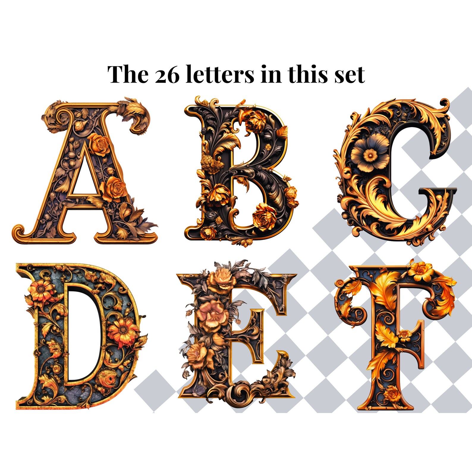 Gothic Gold Floral Alphabet Clipart: Rose Letters (PNG Digital Download ...