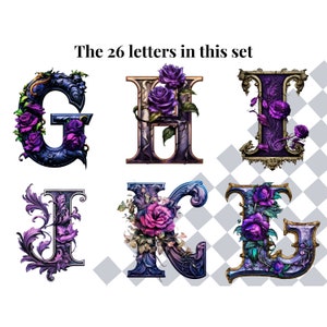 Gothic Rose Clipart Letters | Purple Floral Alphabet Lettering PNG ...