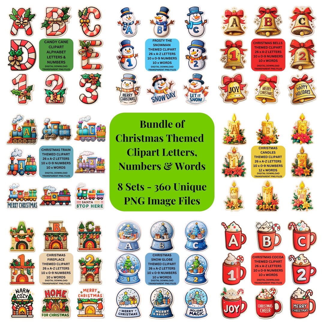 Christmas Clipart Bundle of Alphabet Letters, Numbers & Word Art Images ...