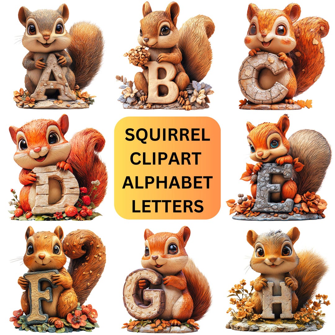 Squirrel Alphabet Clipart: Woodland Animal Letters PNG Bundle (digital ...