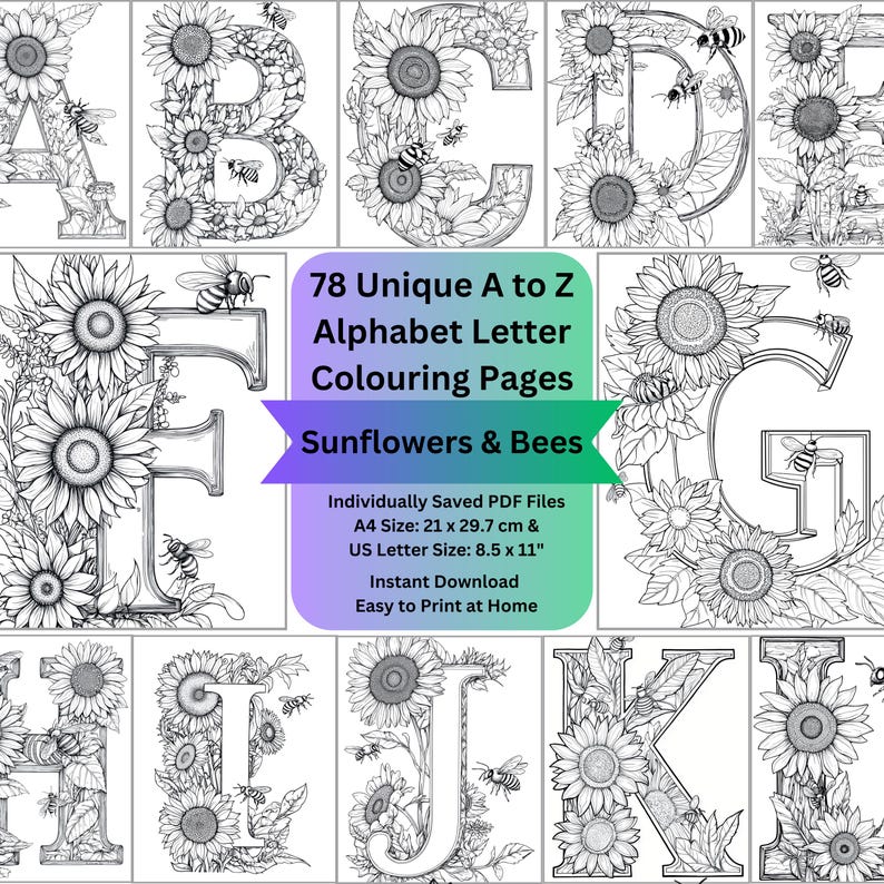 Sunflower Bee Alphabet Coloring Pages: Floral Art, Grayscale (PDF Files ...