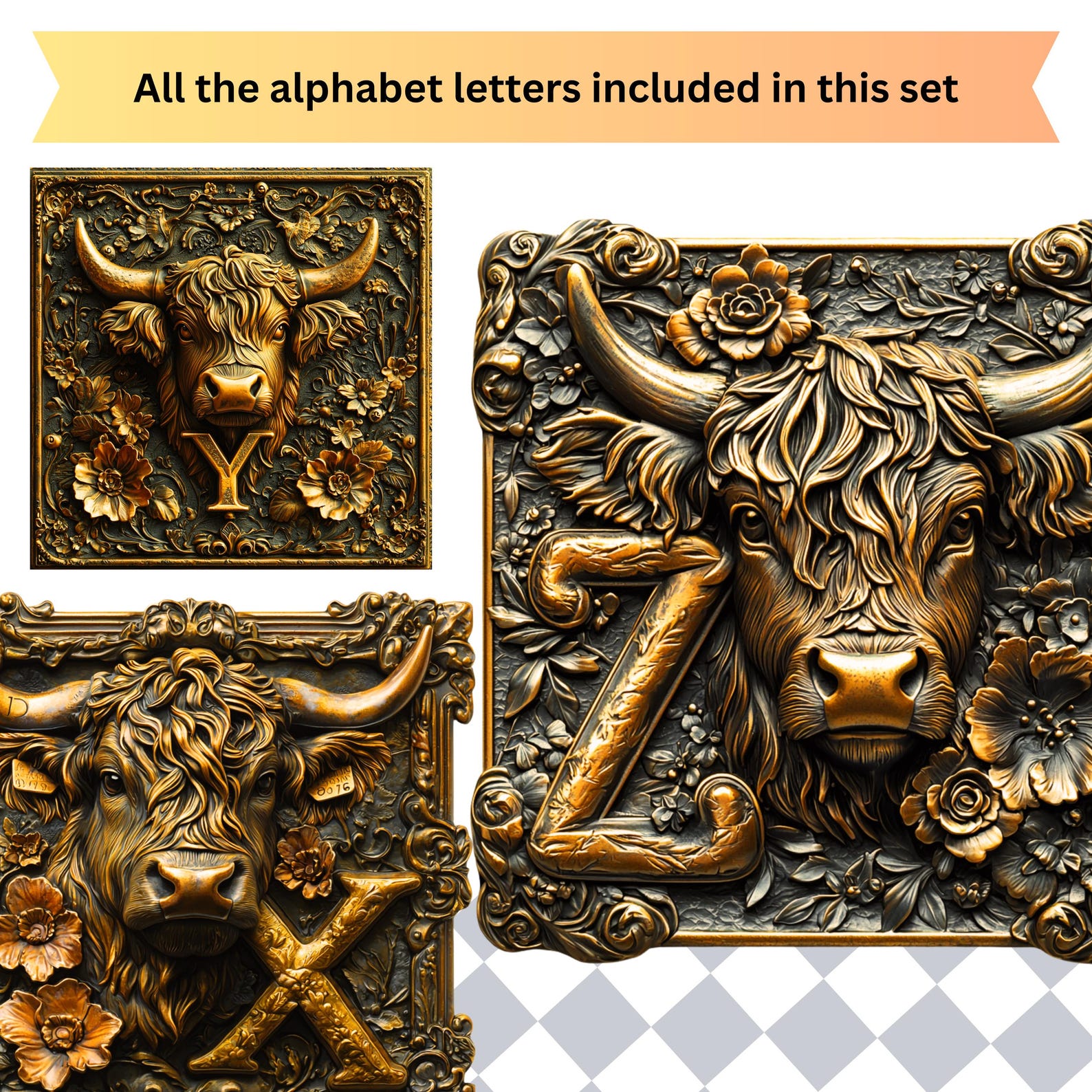 Highland Cow Clipart Farm Animal PNG Alphabet Letters for Fonts for ...
