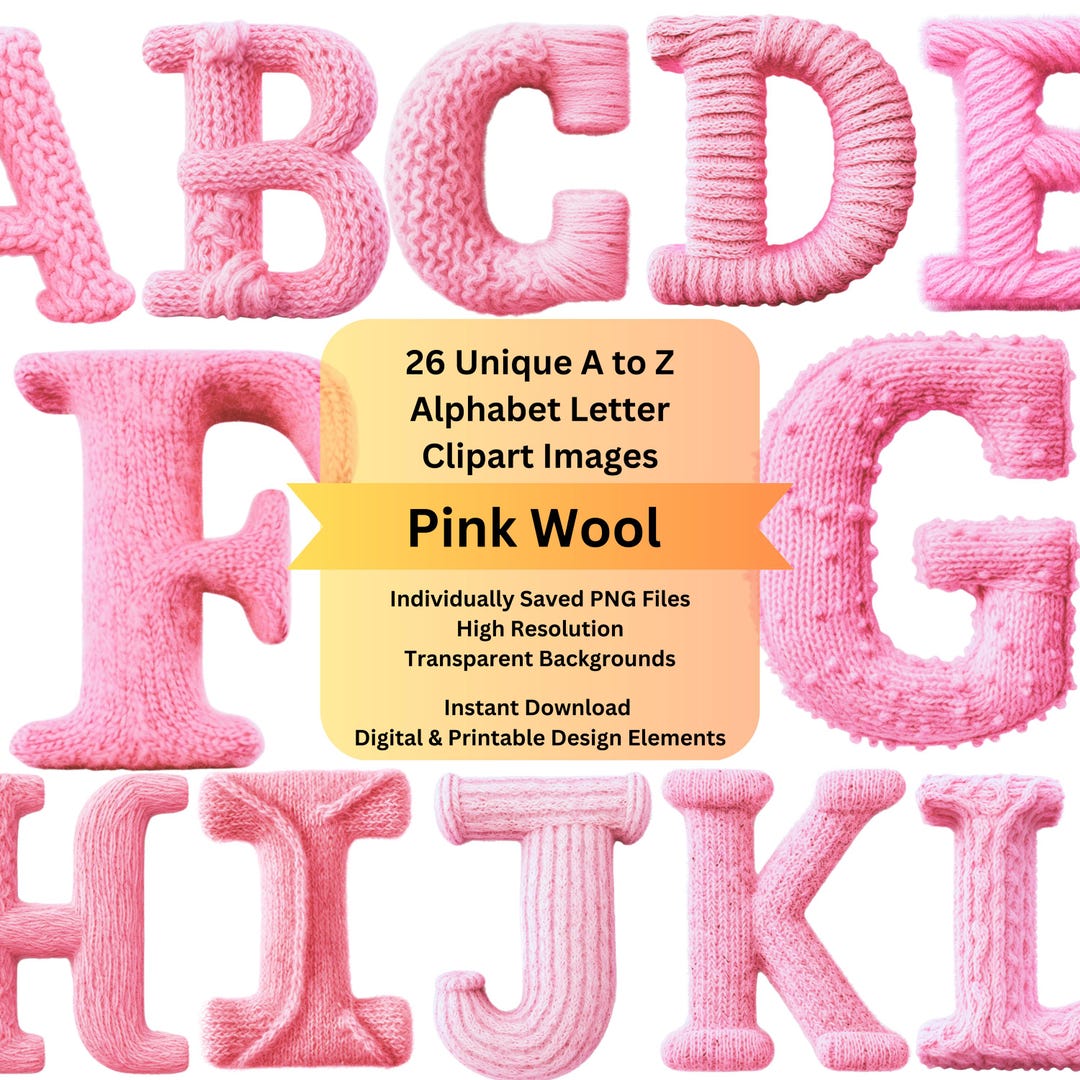 Knitted Pink Wool Clipart Alphabet Letters PNG Files for Digital ...