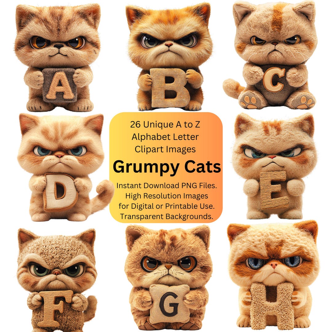 Grumpy Cat Clipart PNG Alphabet Letters, Funny Animal Kitty Clip Art ...