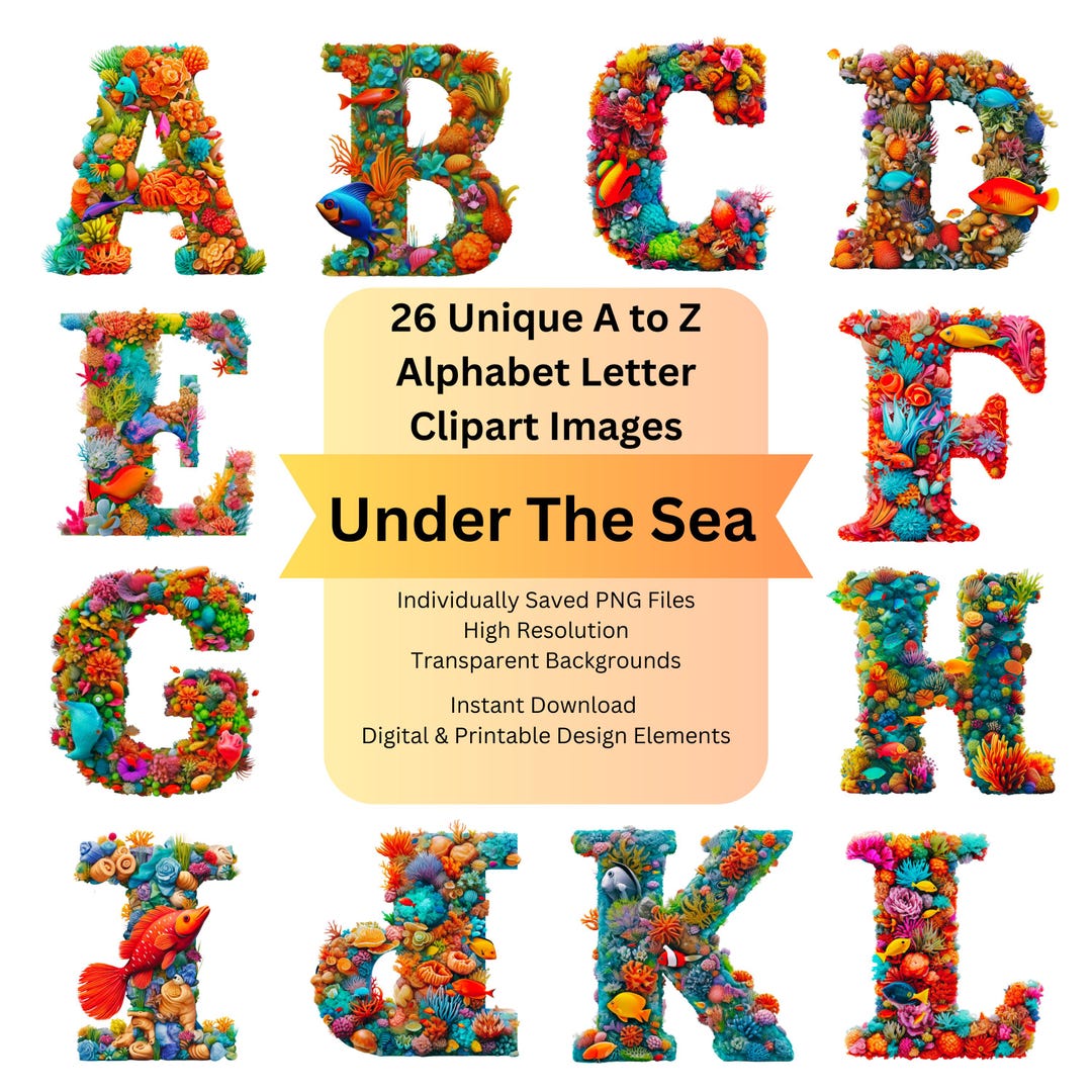 Under the Sea Clipart Alphabet Letters for Commercial Use Font Bundle ...