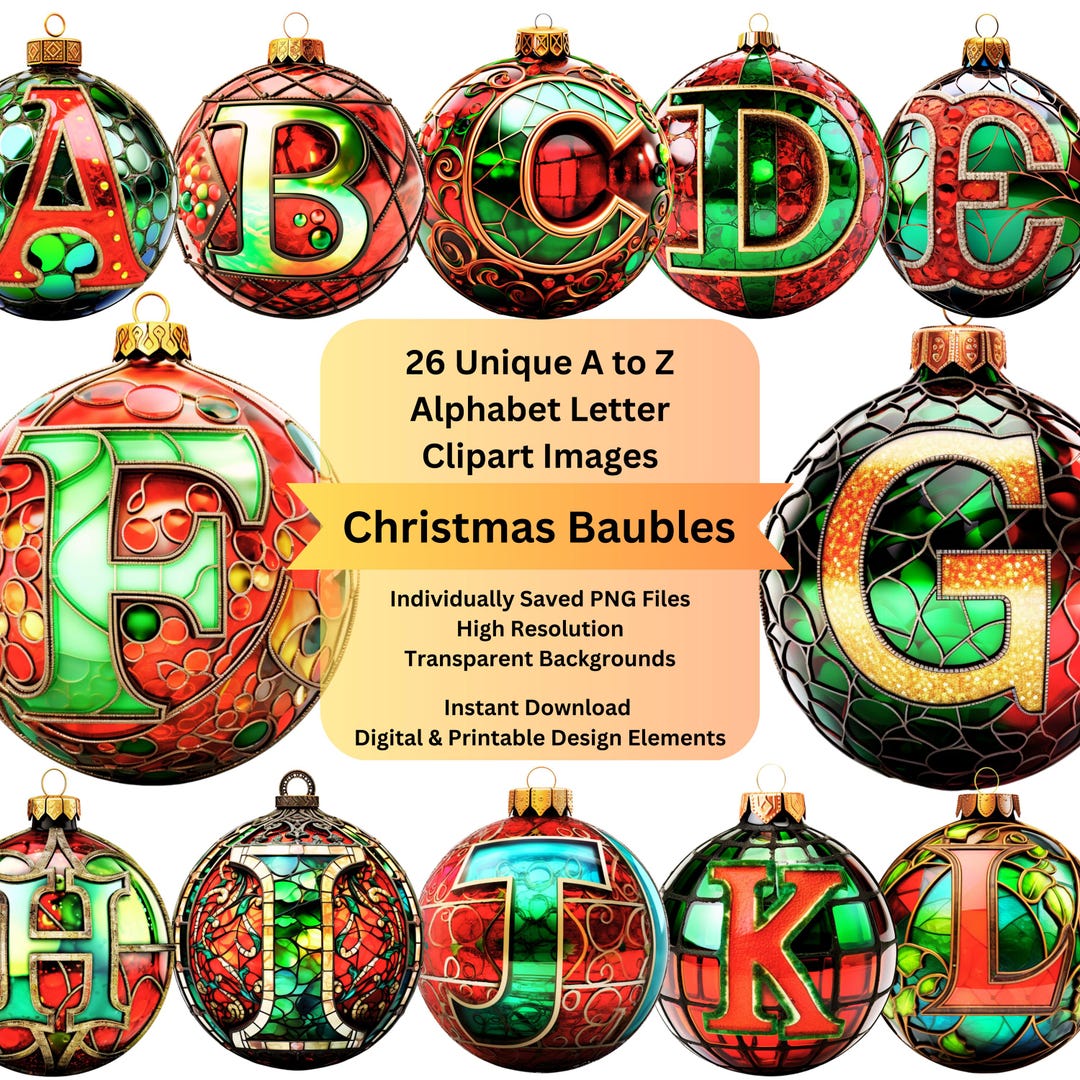 Christmas Stained Glass Alphabet Clipart: Bauble Letters (PNG Digital ...