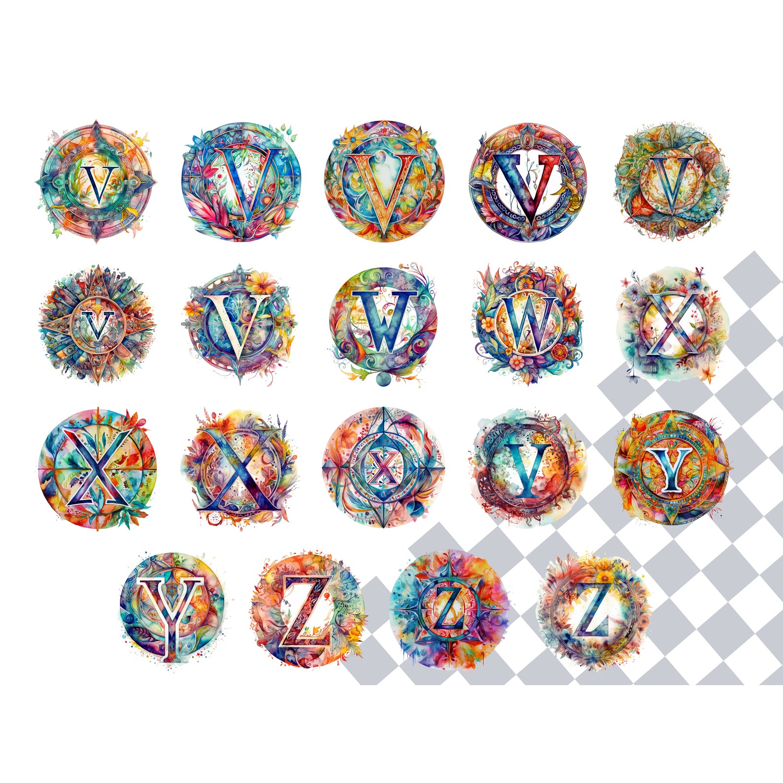 Watercolor Mandala Alphabet Clipart: A-Z PNG Font (digital Download) - Etsy